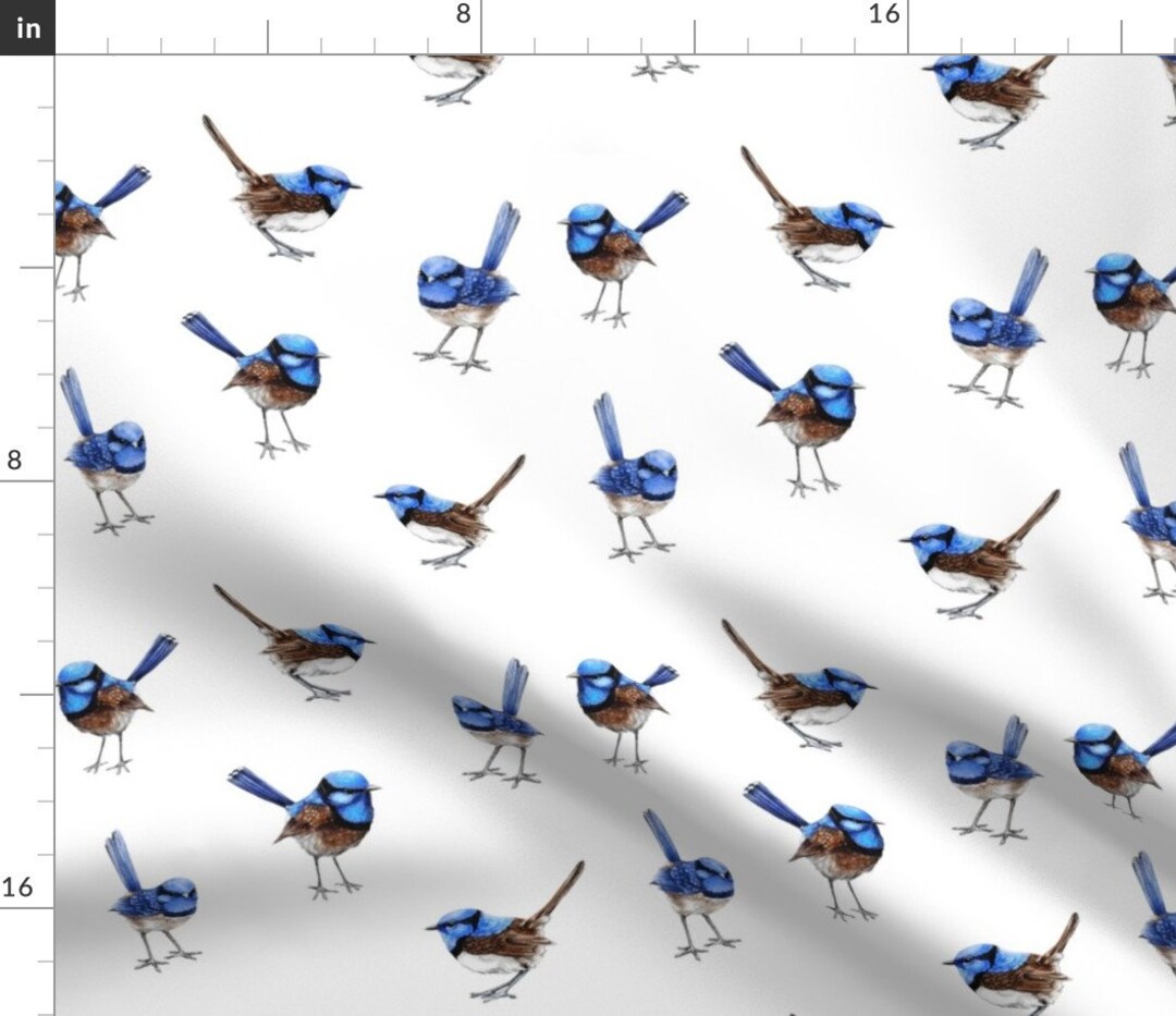 Wren Fabric Wrens Scattered on White by Thistleandfox Wren Bird Blue ...