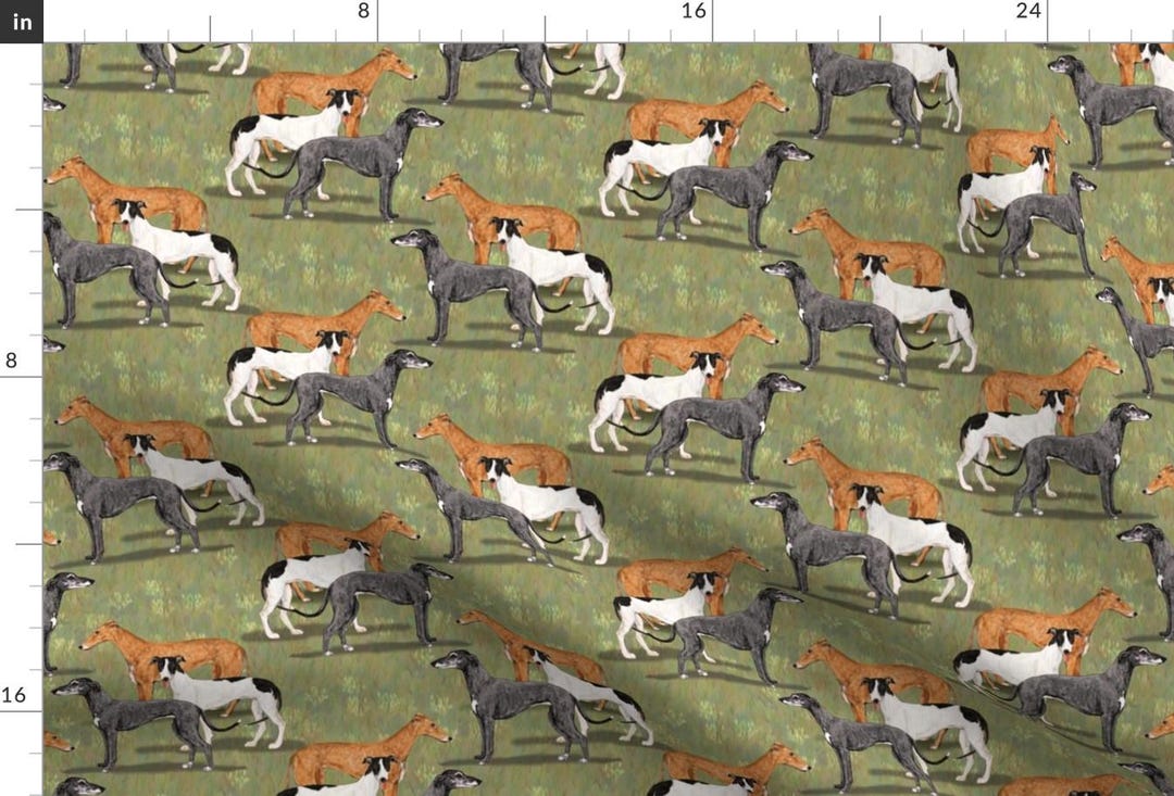 Greyhound Fabric - Three Greyhounds Blue Red Fawn and Black and White ...