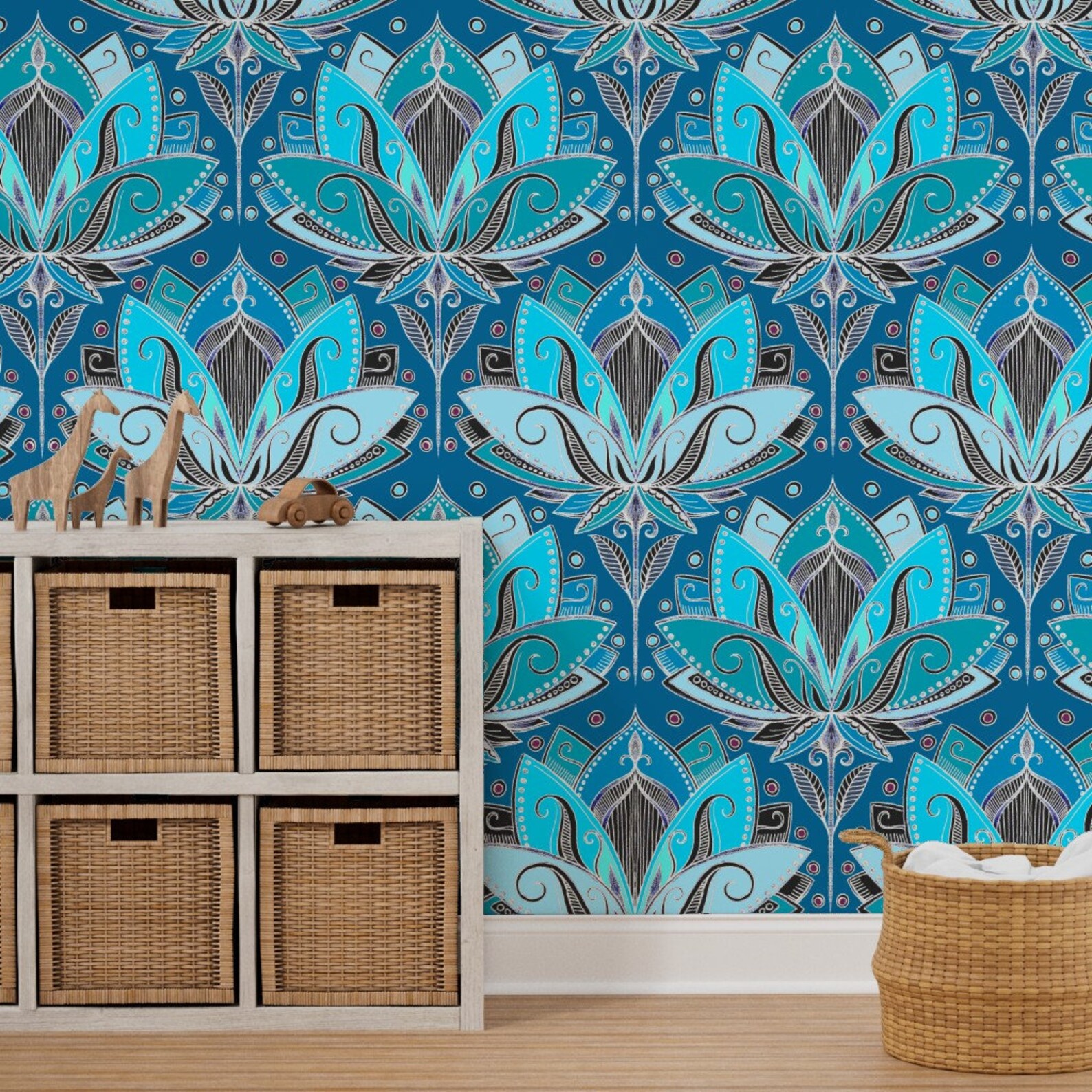 Lotus Wallpaper Art Deco Lotus in Teal Turquoise Black by - Etsy
