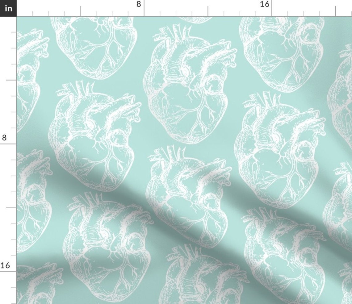 Heart Fabric Hearts Anatomical White on Seafoam by - Etsy