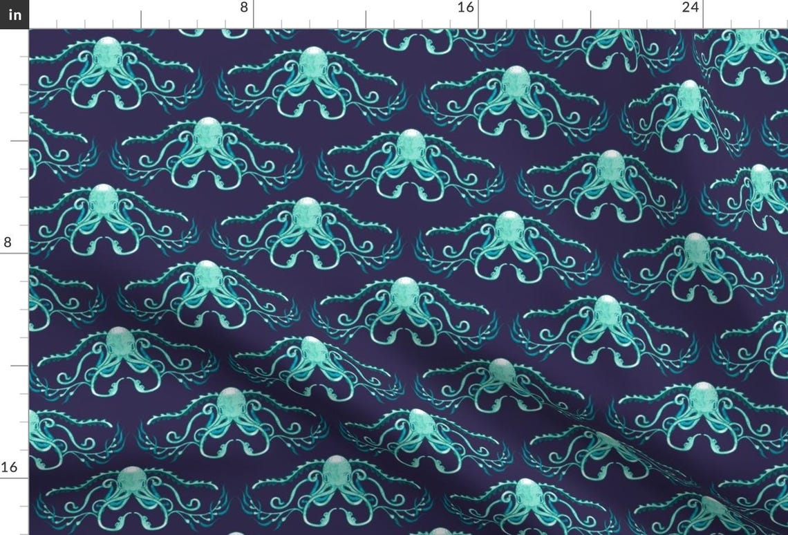Octopus Fabric - Octopi Cephalopod Teal on Dark Blue Steampunk Nautical ...