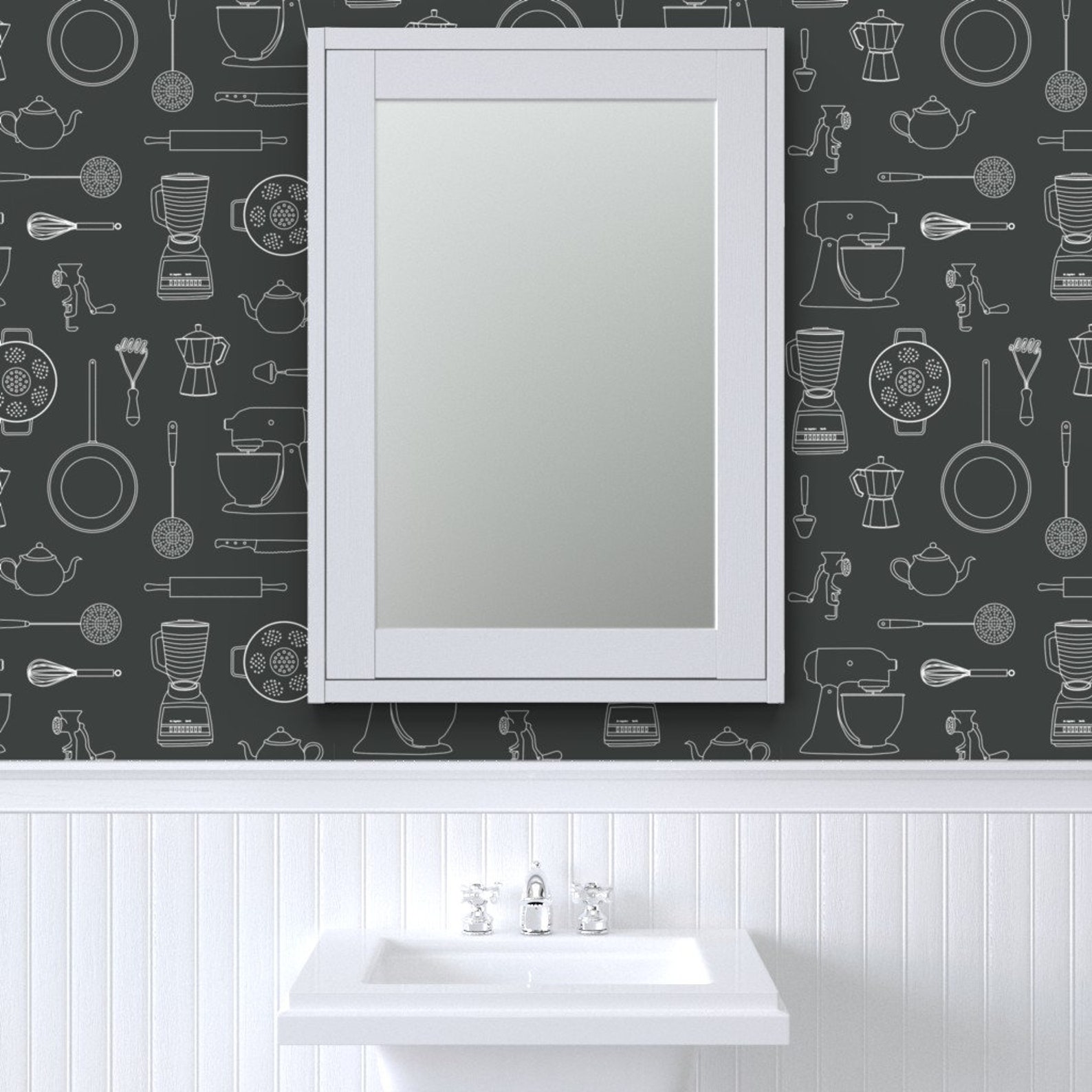 Kitchen Wallpaper Kitchen Tools white on Dark Gray by - Etsy
