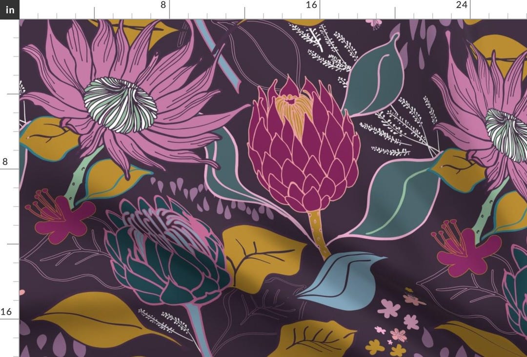 Protea Purple Dark Floral Abstract Fabric - Lusciously Moody Proteas by ...