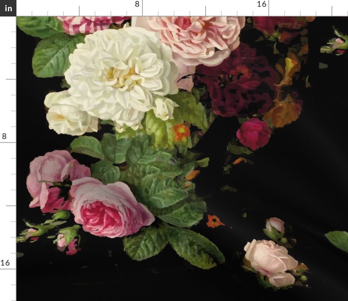 Pink Roses Fabric Dark Floral Black Roses on Black Jumbo - Etsy