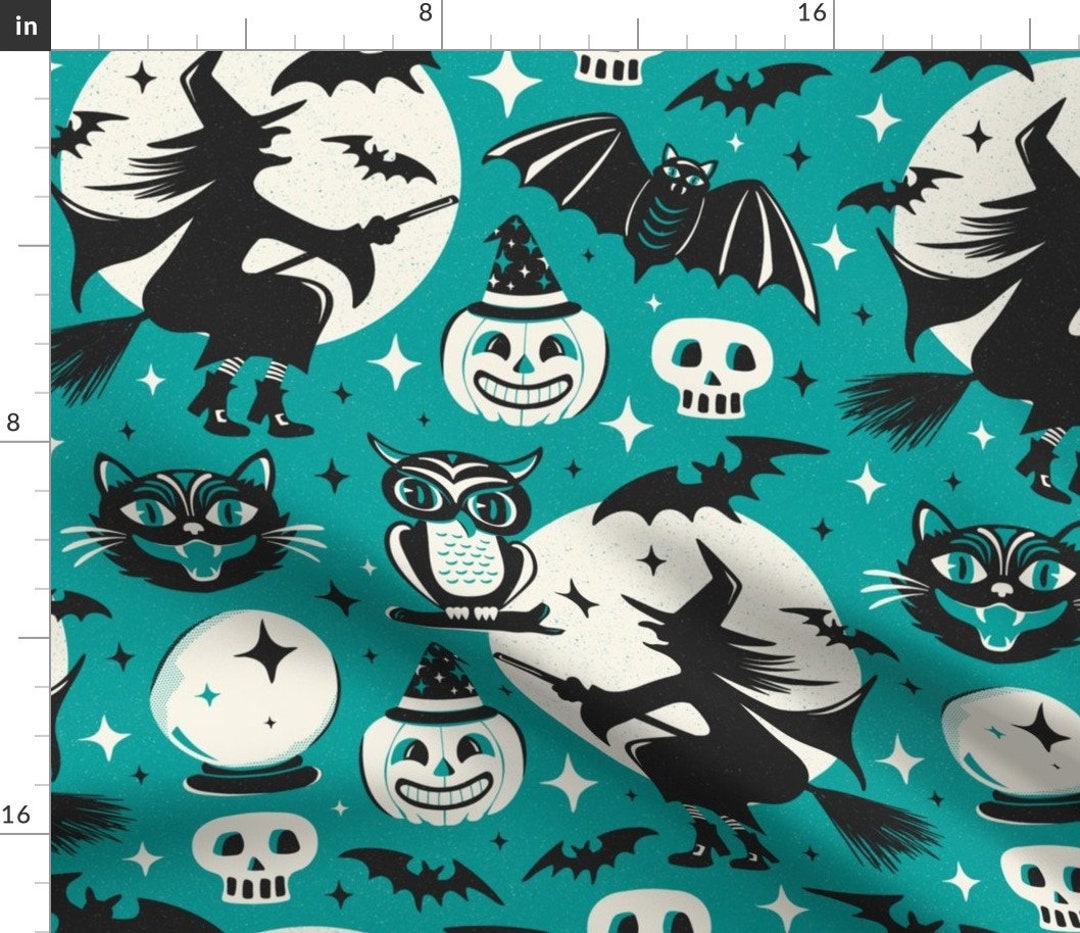 Witches Fabric Witchy Wonders Retro Halloween Teal by Heatherdutton ...