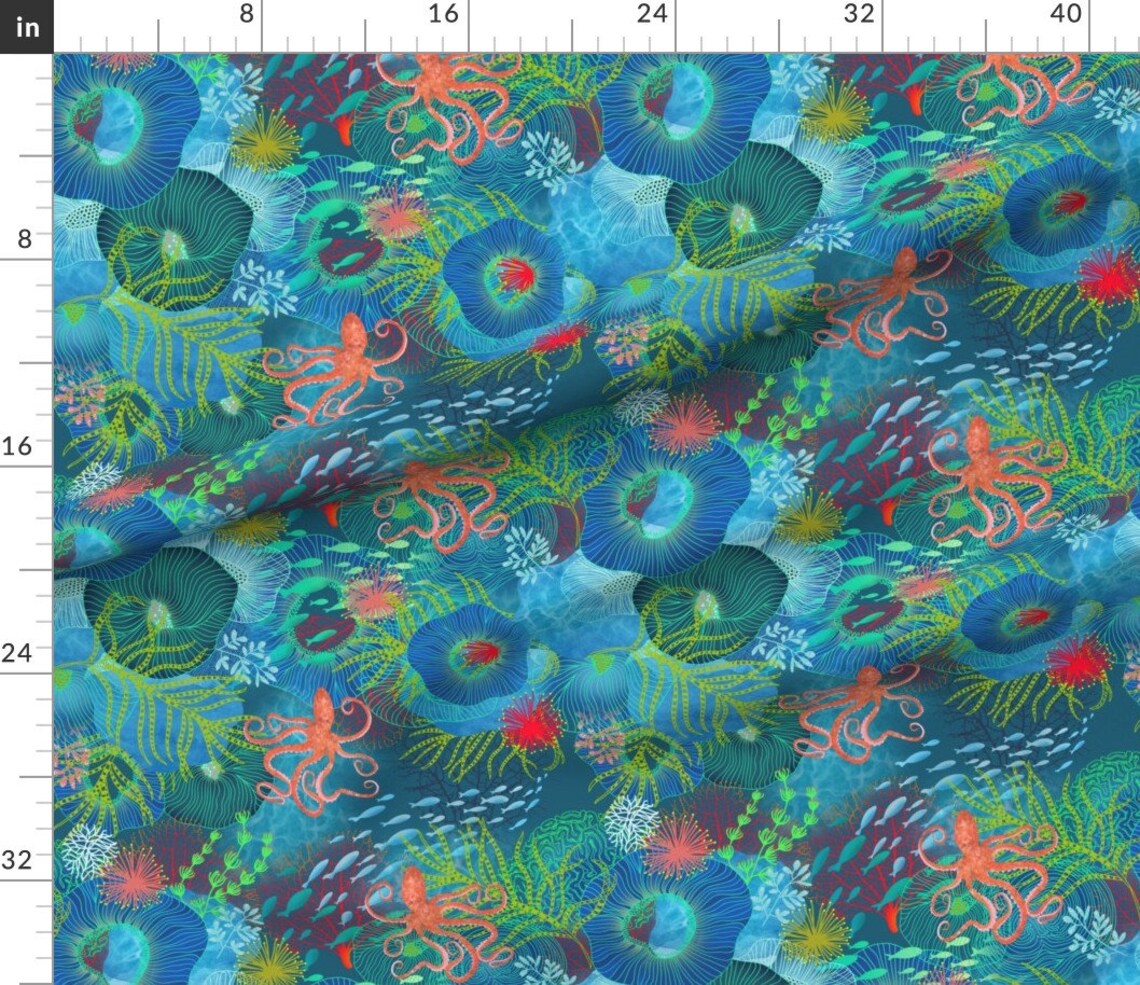Octopus Fabric Aquatic Dance by Honoluludesign Underwater - Etsy