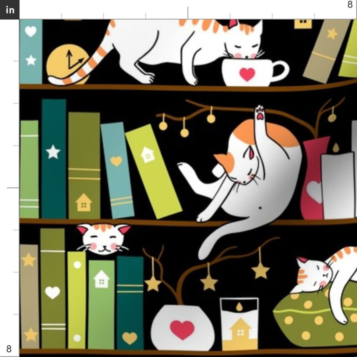 Library Cat Fabric Library Cats by Elena Naylor Cute - Etsy