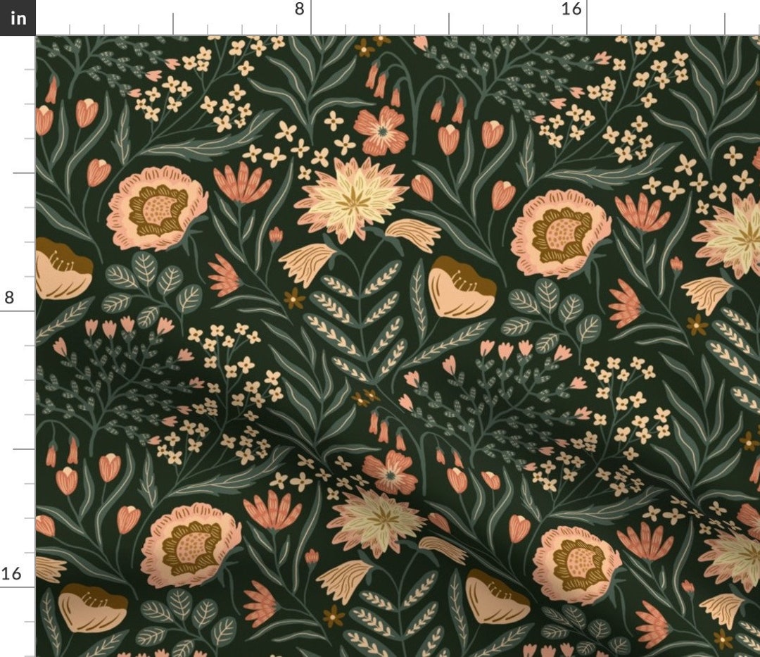 Peach Floral Fabric Becca Soothing Green by Scarlet_soleil Botanical ...