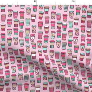 Coffee Fabric Coffee // Coffee Cafe Latte Fabric Pink and Mint Coffee ...