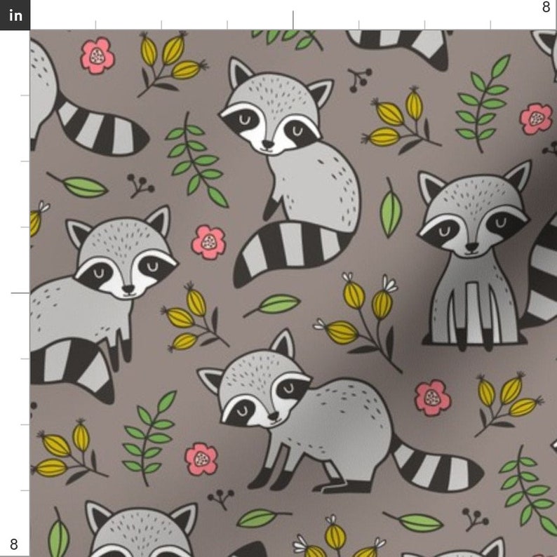 Raccoon Fabric Raccoon With Leaves Flowers Warm Grey Brown | Etsy