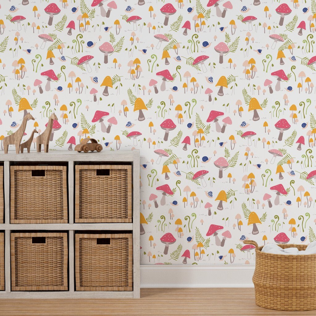 Mushrooms Wallapaper Mushroom Forest by Ldpapers Yellow - Etsy