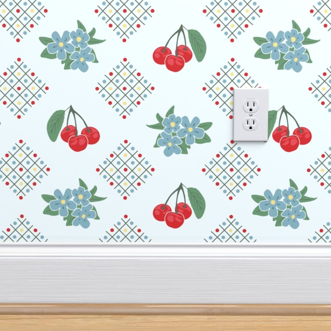Retro Cherry Wallpaper 1940'S Style Cherry in Blue Large | Etsy