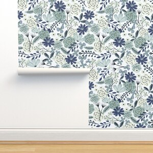 Blue Boho Floral Wallpaper Flower Child Boho by Roochita Sage Green ...