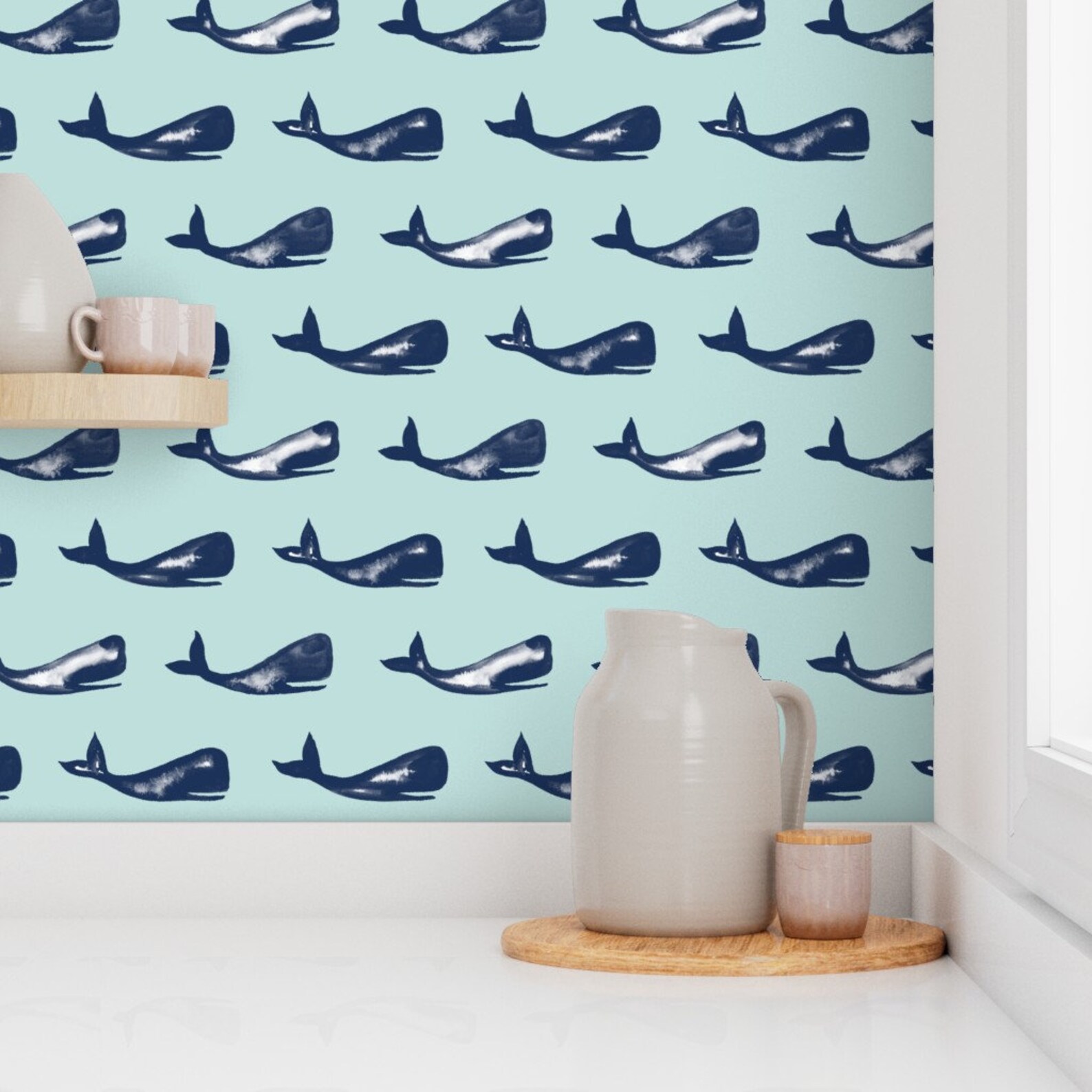 Whales Wallpaper Whale Mint Blue Indigo by Jillbyers - Etsy