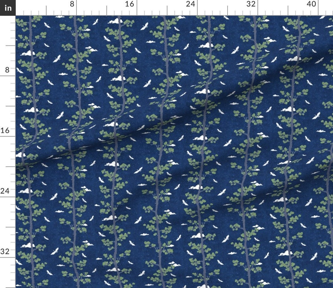 Japanese Trees Fabric Night Sky With Pines Cranes small - Etsy