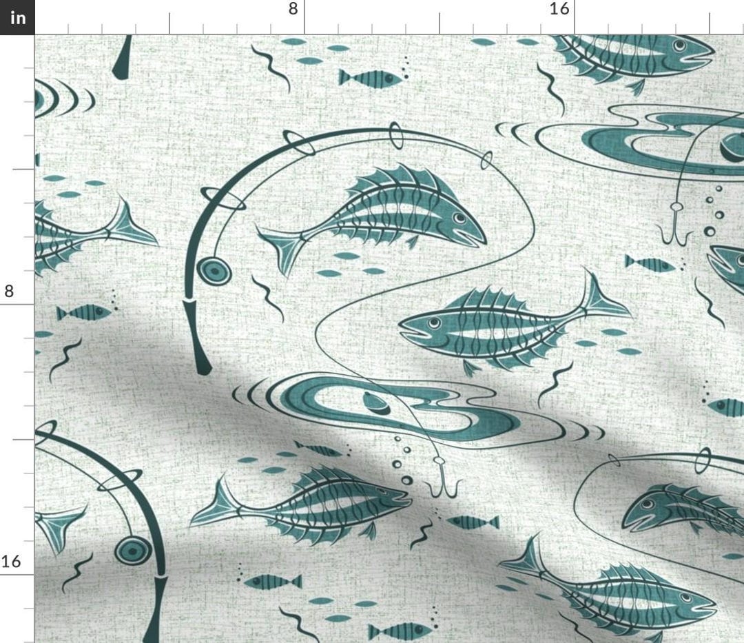 Midcentury Mod Fish Toile Fabric Lake Fishing by Studioxtine Aqua Fly ...