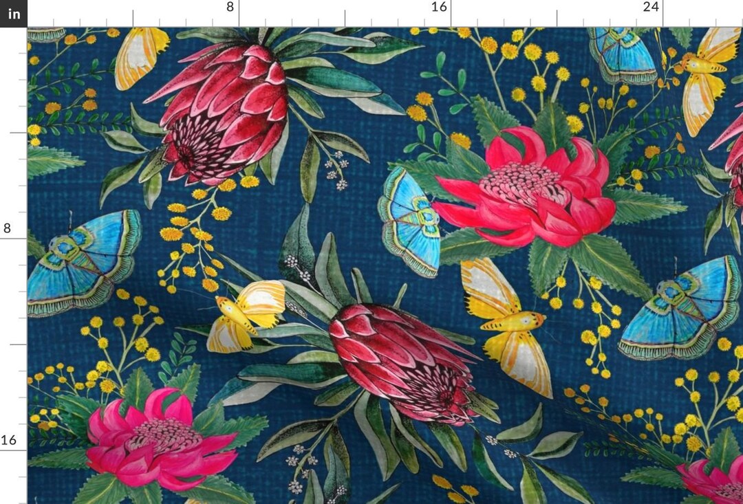 Australian Flora Flower Fabric - Protea Flowers With Butterflies by ...