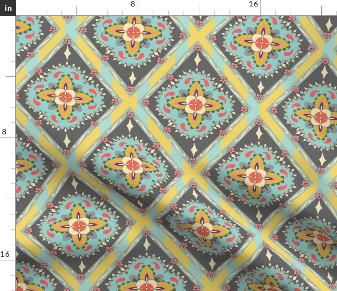 Boho Tile Decor Fabric Bohemian Tile Yellow by Fernlesliestudio ...