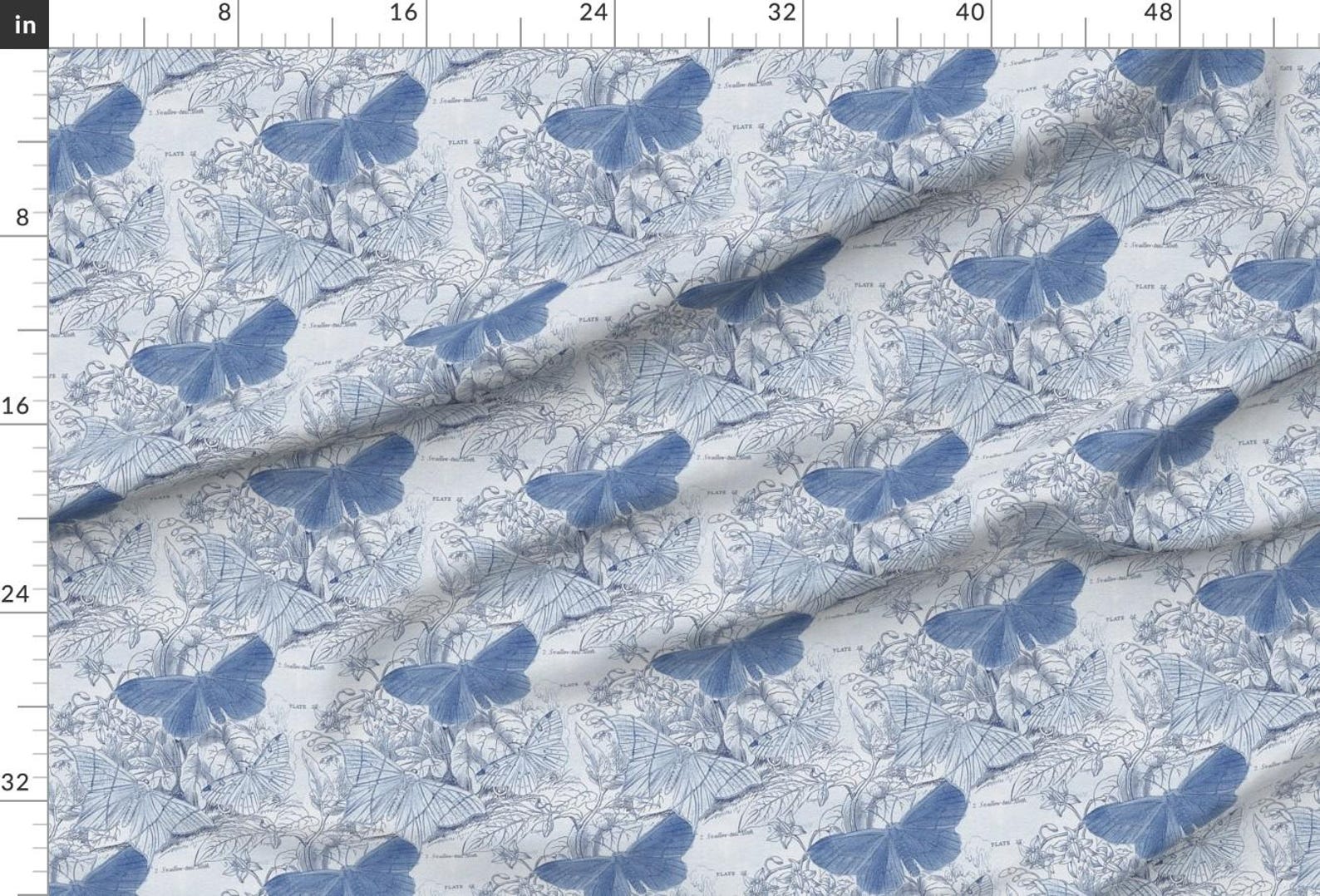 Blue Moths Fabric - Moth Ridden Botanical ~ Blue White by ...