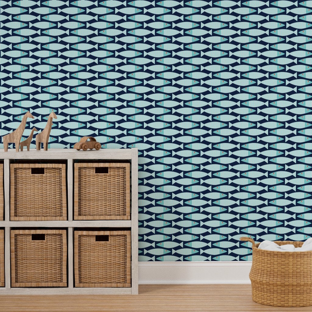 Modern Fish Wallpaper Wavy Bass Indigo Turquoise by - Etsy