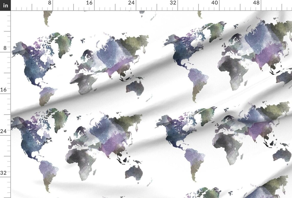 World Map Fabric - Watercolor World by Thin Line Textiles (28" X 18 ...