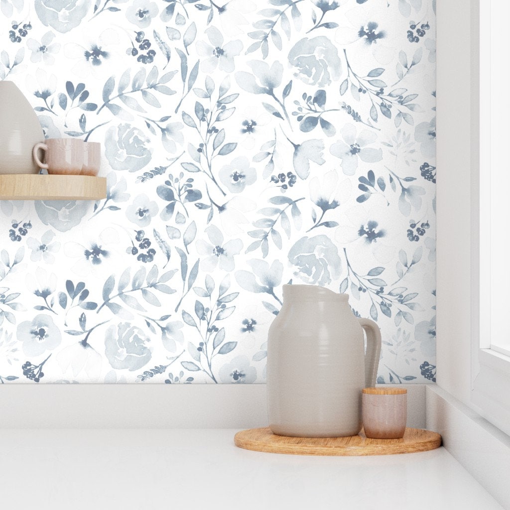 Soft Blue Floral Wallpaper Faded Floral Watercolor by Erin - Etsy