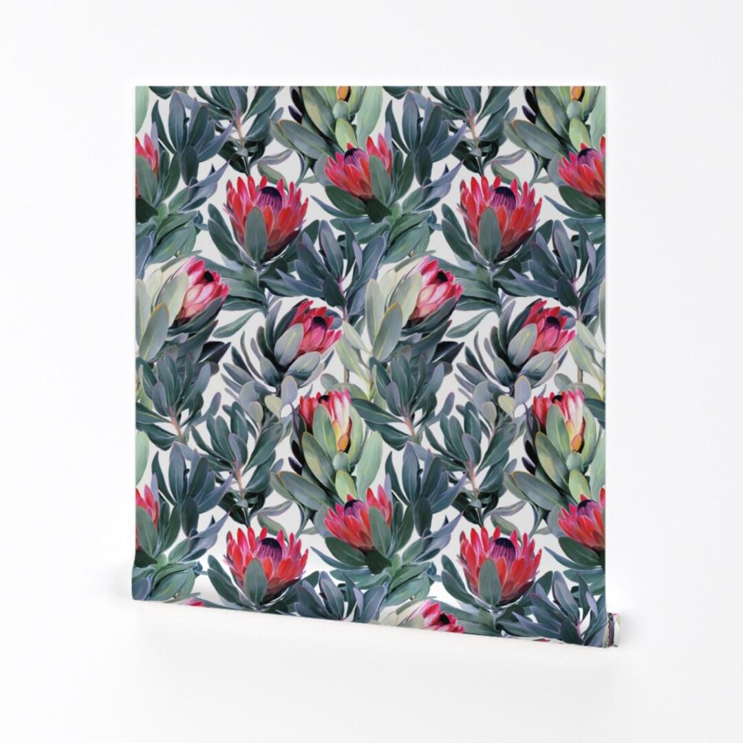 Proteas Wallpaper - Painted Protea Pattern on White by Micklyn - Pink ...