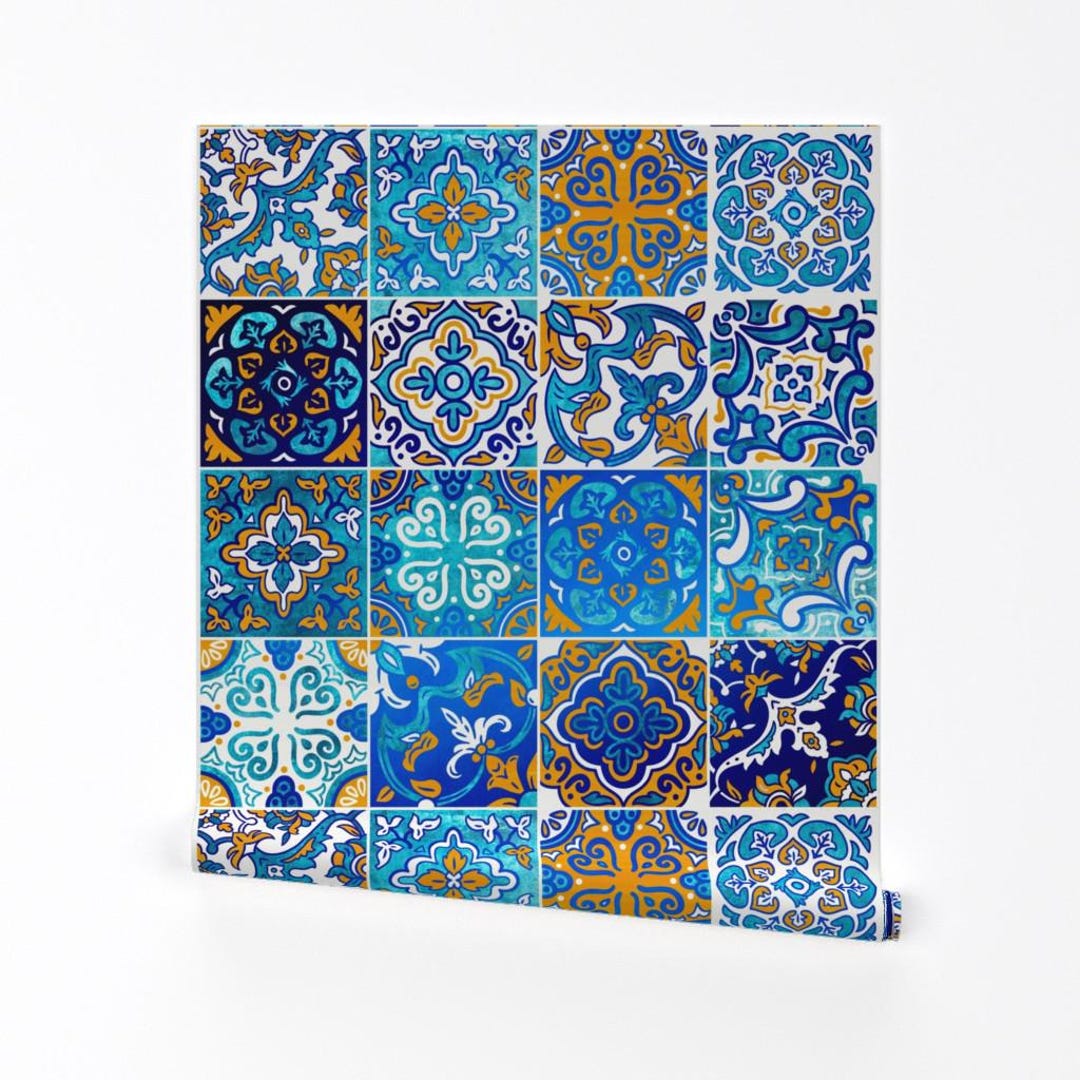 Spanish Wallpaper - Sea Breeze Spanish Tile by Penguinhouse - Blue ...