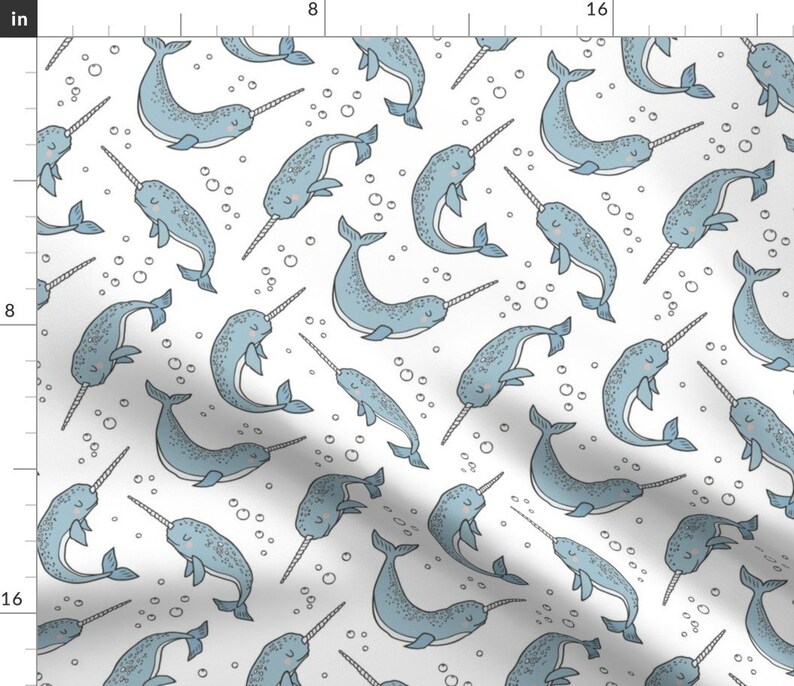 Narwhal Fabric Narwhal Blue on White by Caja Design - Etsy