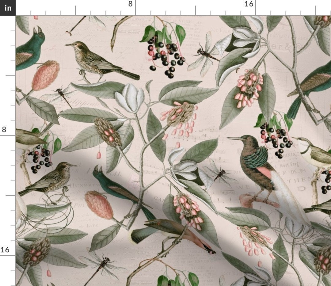 Magnolia Floral Fabric Vintage Magnolia Flowers Birds Pattern by Andrea ...