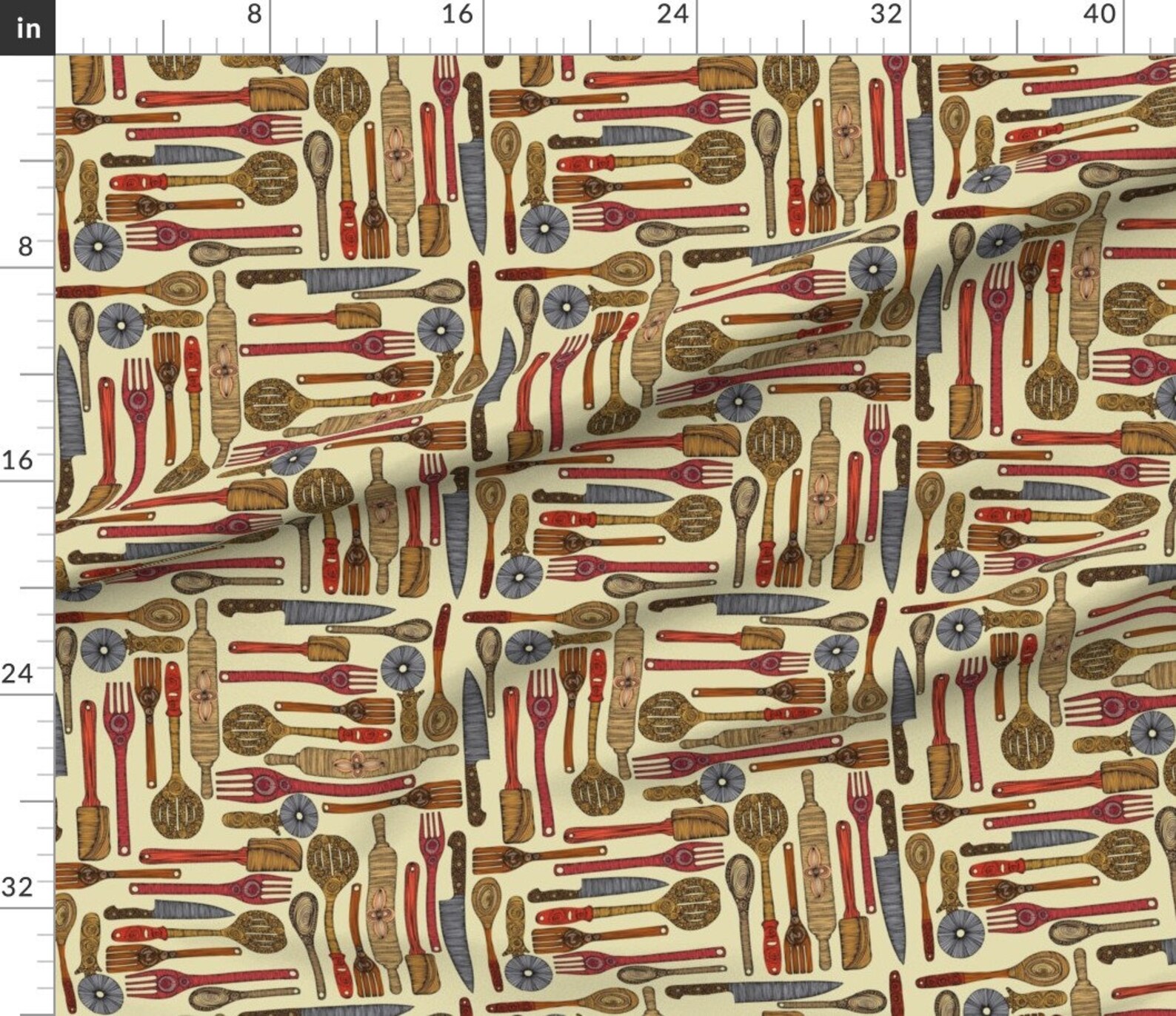 Vintage Illustrated Kitchen Utensil Fabric Lets Cook by - Etsy