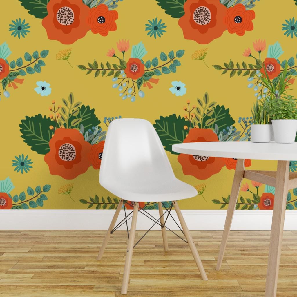 Floral Wallpaper - Flower Print in Yellow Background by Shop Cabin ...