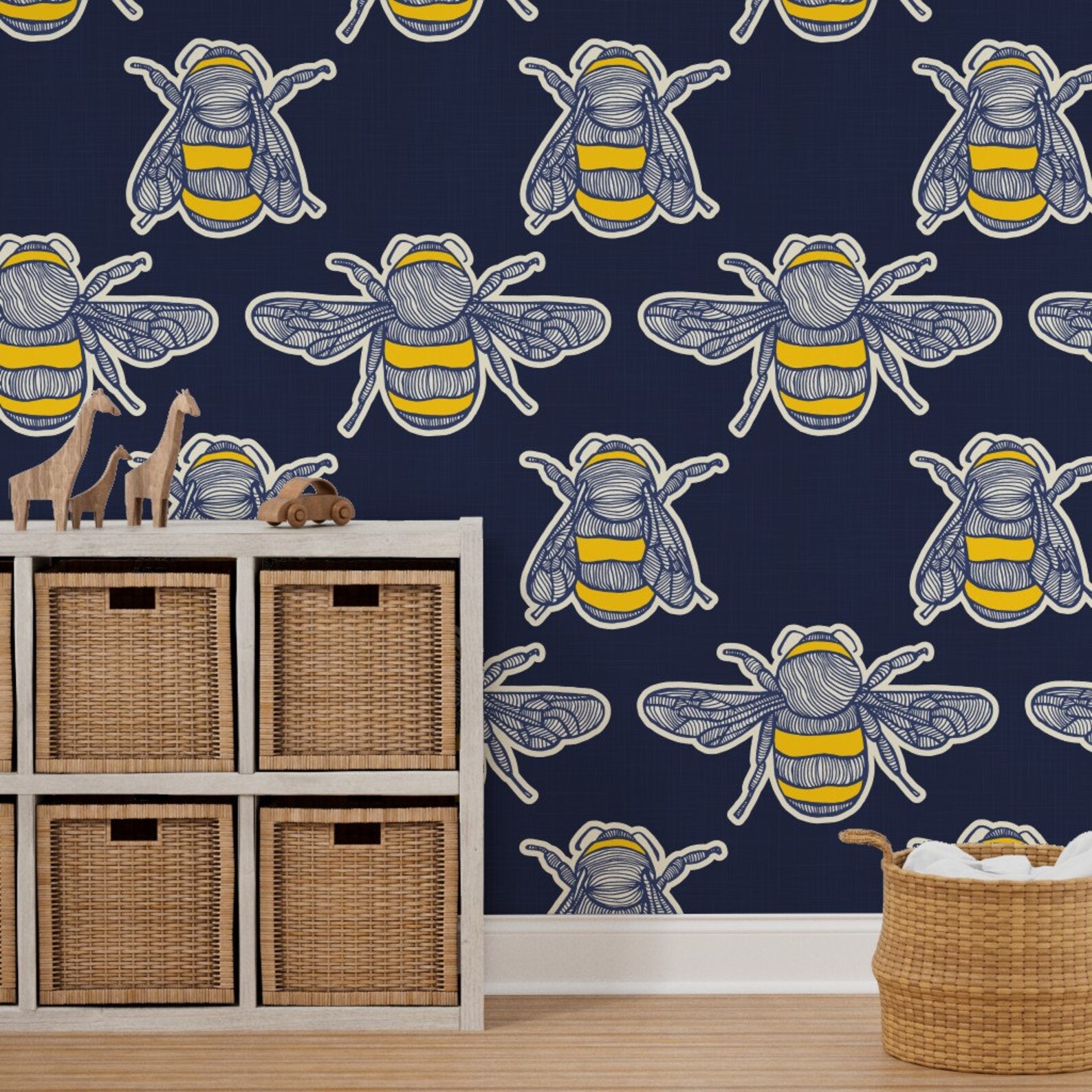 Bumble Bee Wallpaper Bumblebee Buzz Navy by Patricia Braune - Etsy
