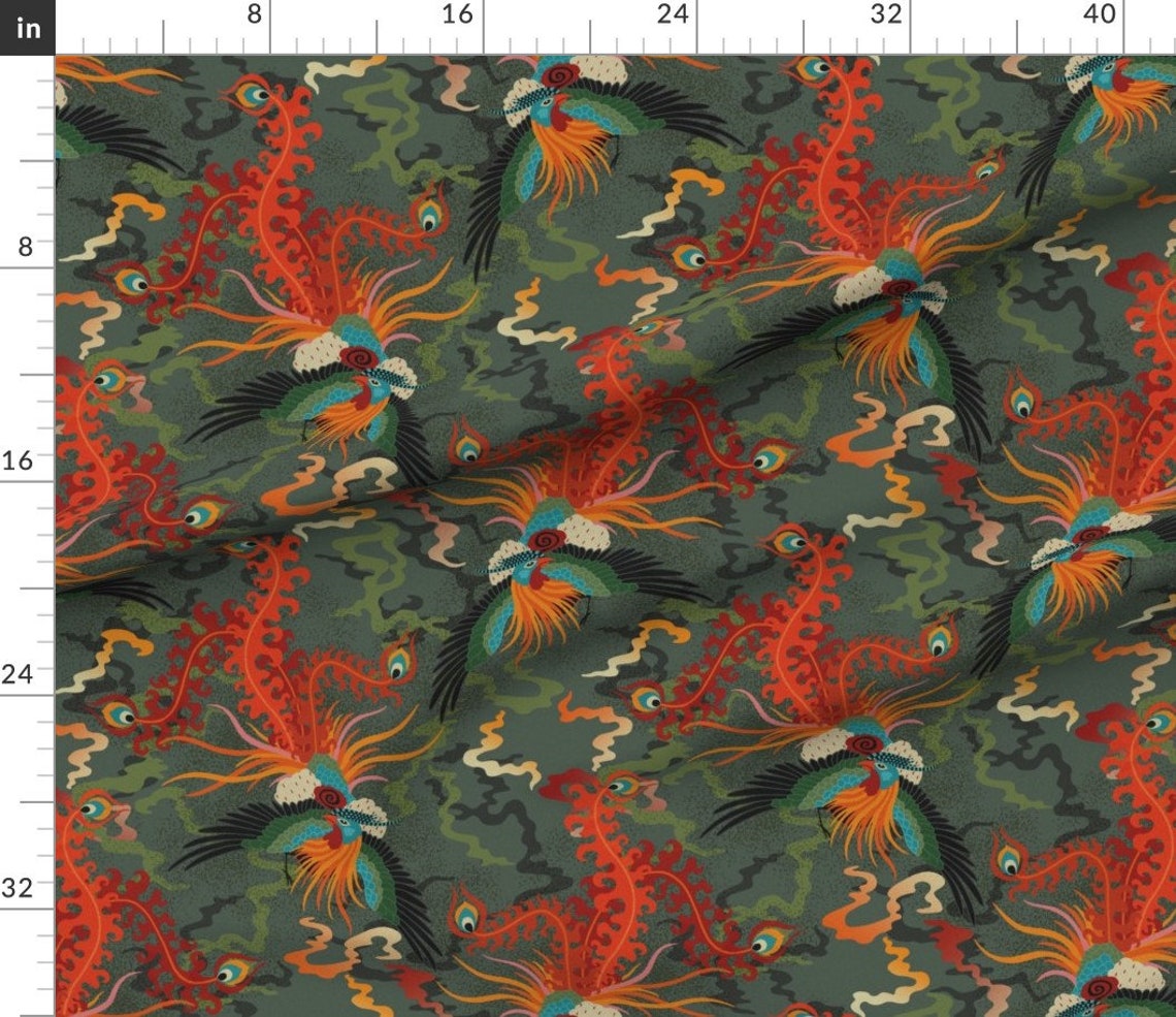 Pheonix Bird Fabric Phoenix by Dessineo Olive Red Orange - Etsy