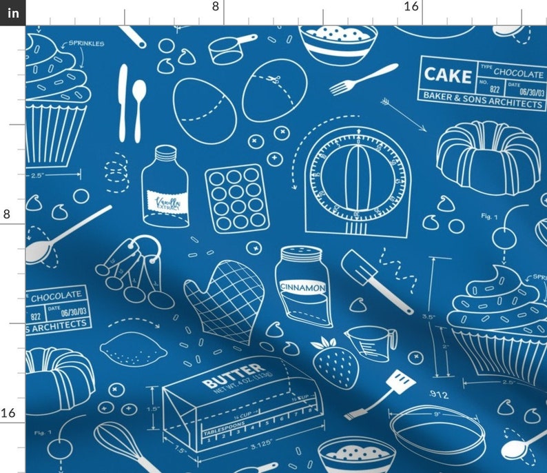 Cake Blue Kitchen Baking Sweets Illustration Fabric Cake - Etsy