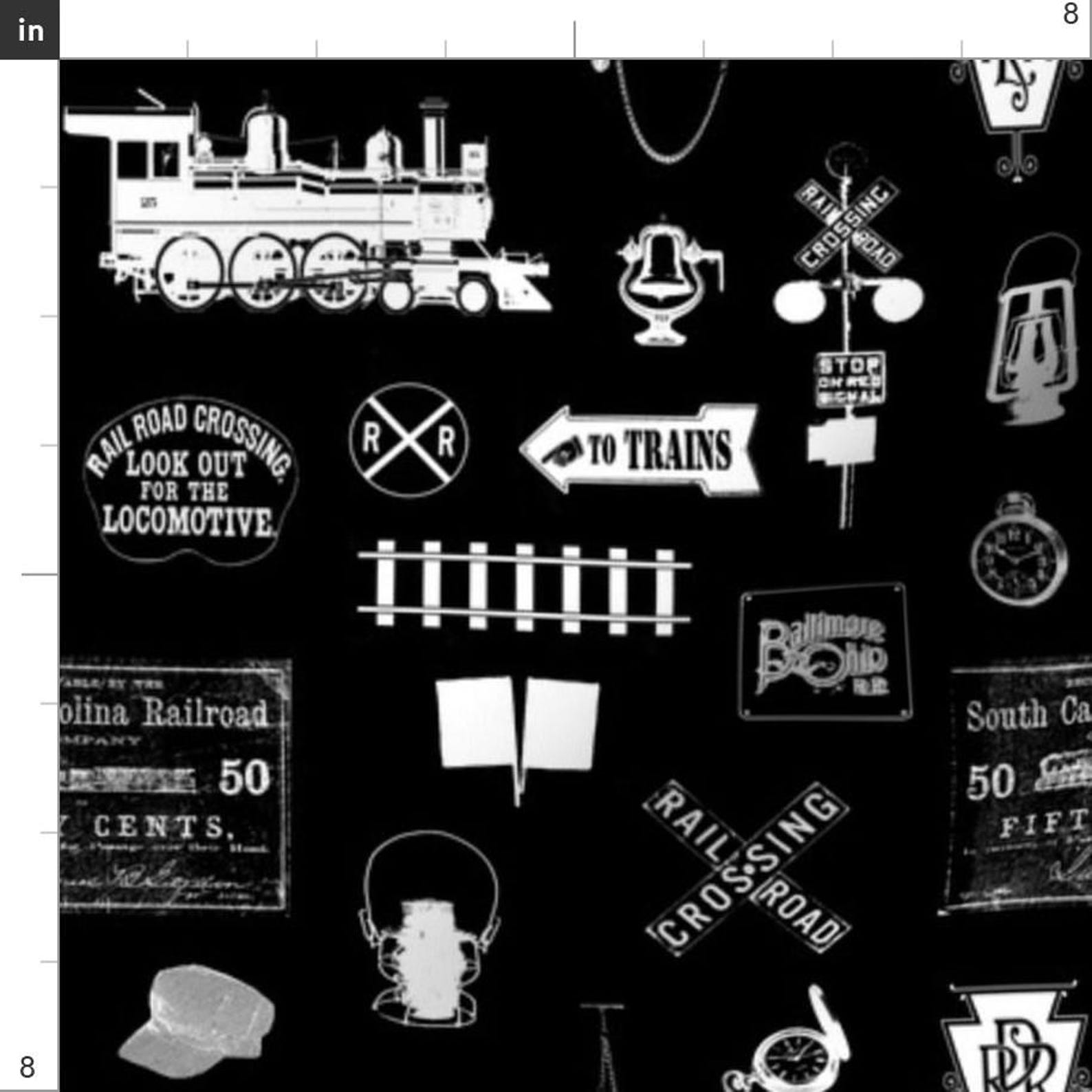 Trains and Railroad Fabric - Railroad Symbols on Black by Thin Line ...