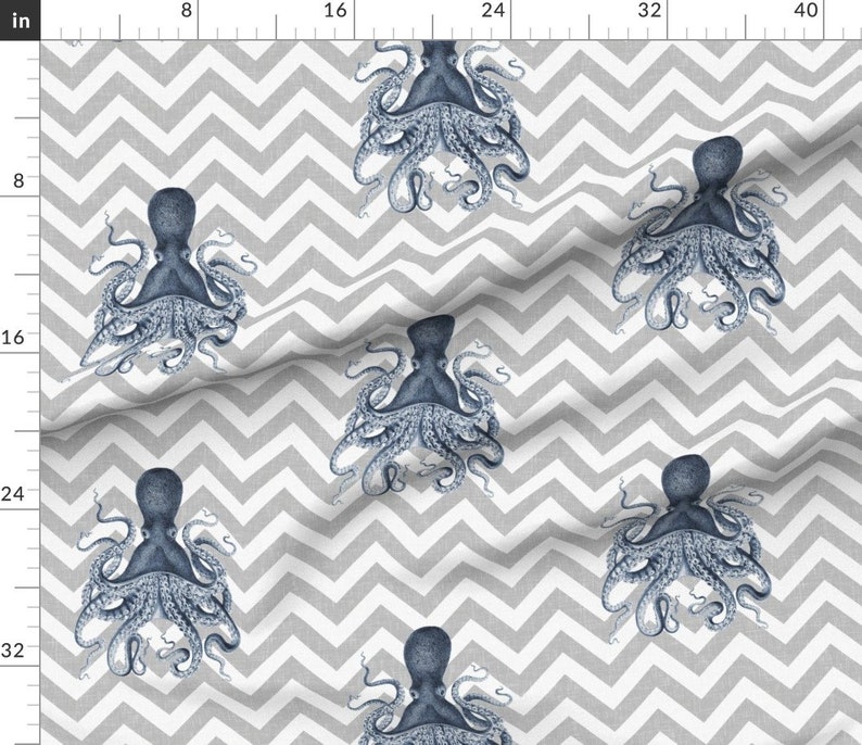 Octopus Fabric Octopus Oasis on Gray Chevron by - Etsy