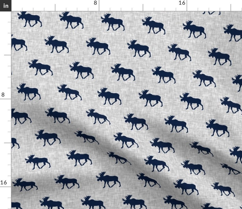 Moose Fabric Navy Moose on Light Gray Linen by - Etsy