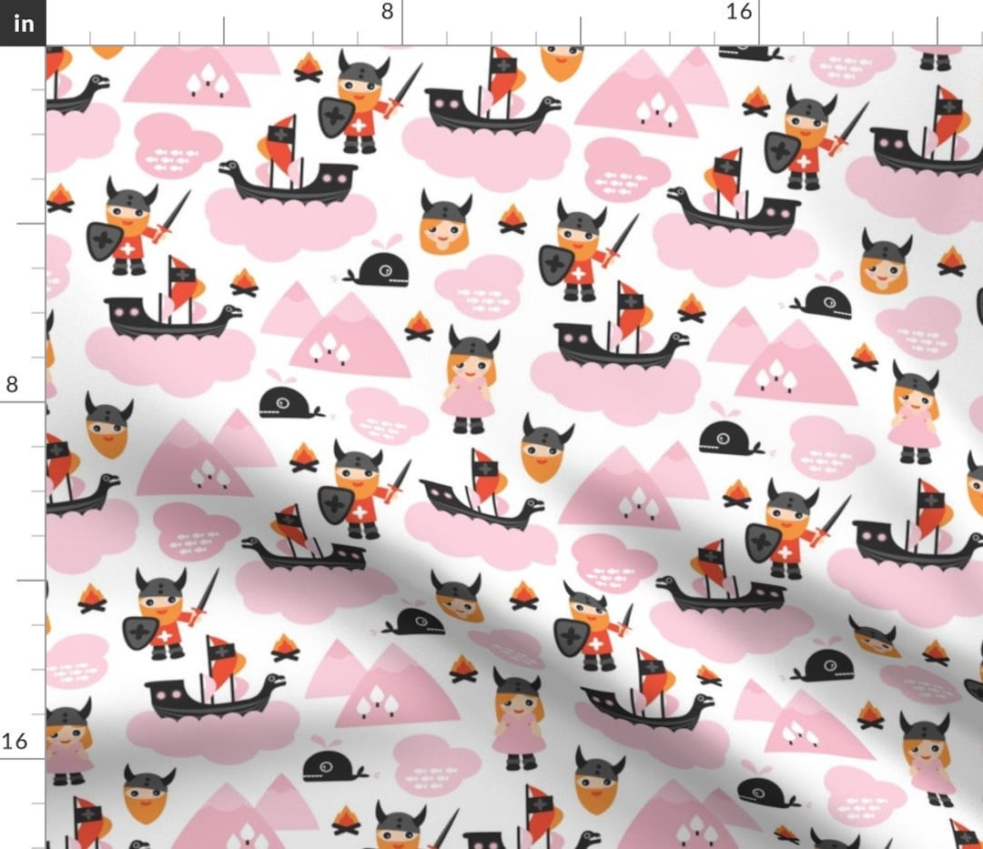 Viking Fabric Viking Battle Ship Whale Scandinavian in Pink and Orange ...