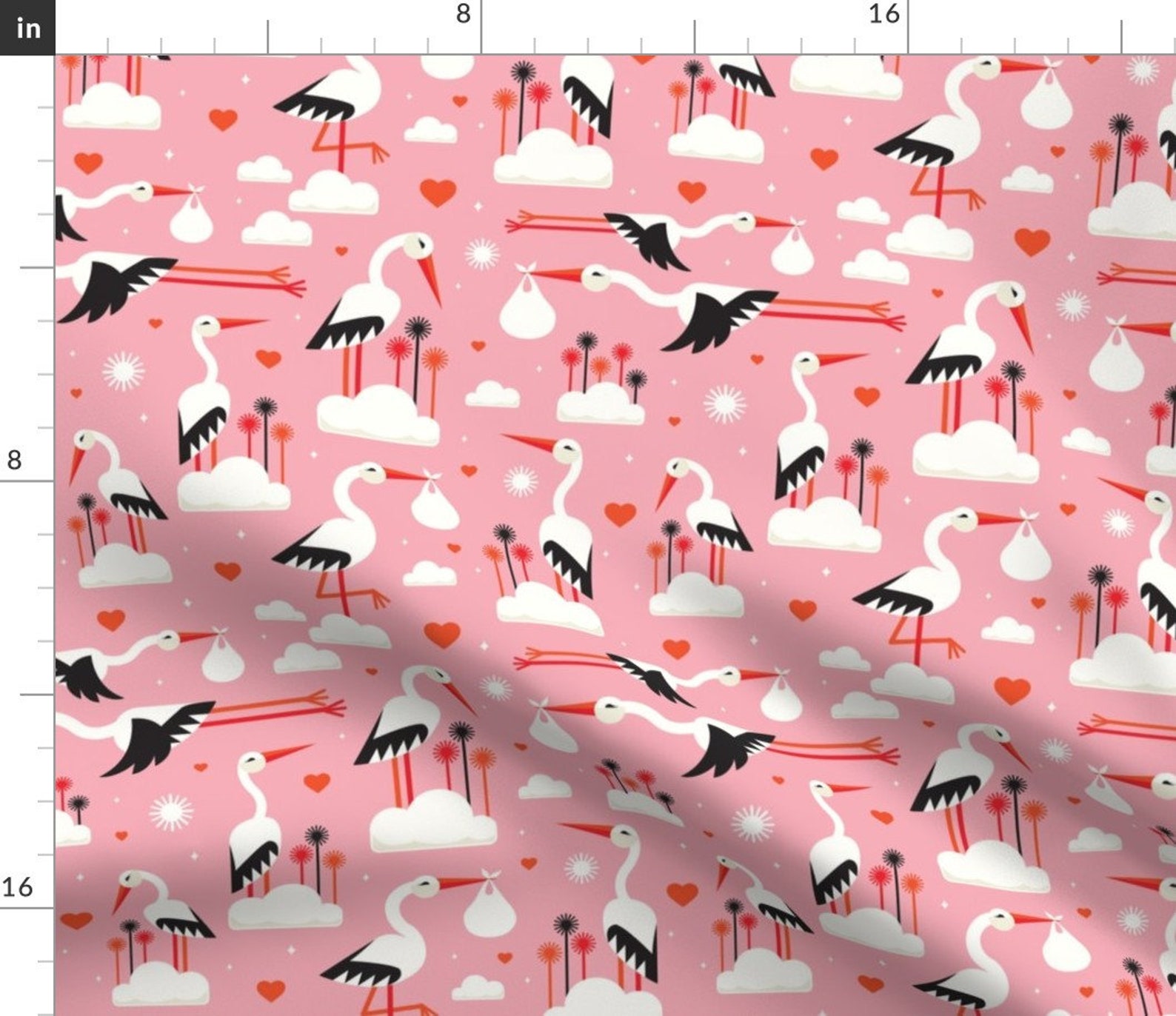 Storks Pink Birds Fabric New Arrival Pink small by Gray - Etsy