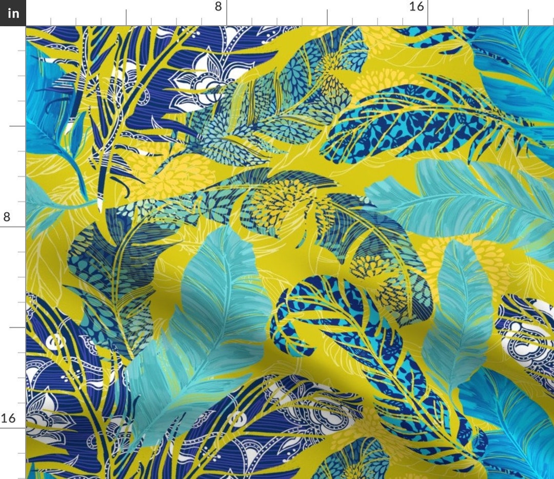 Blue Feathers Retro Yellow Fabric Blue Feather Prints by Honoluludesign ...