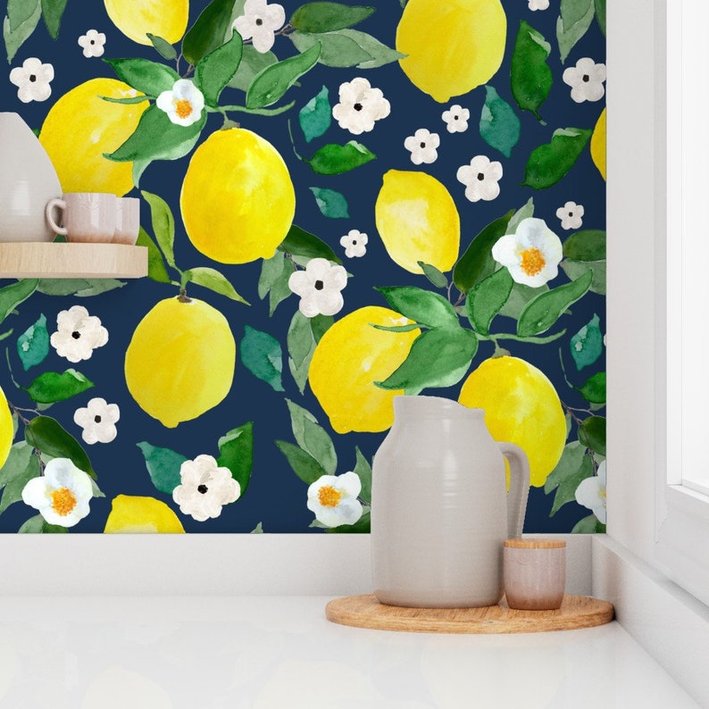 Lemon Wallpaper 8 Lemons Dark Blue Back by Shopcabin - Etsy