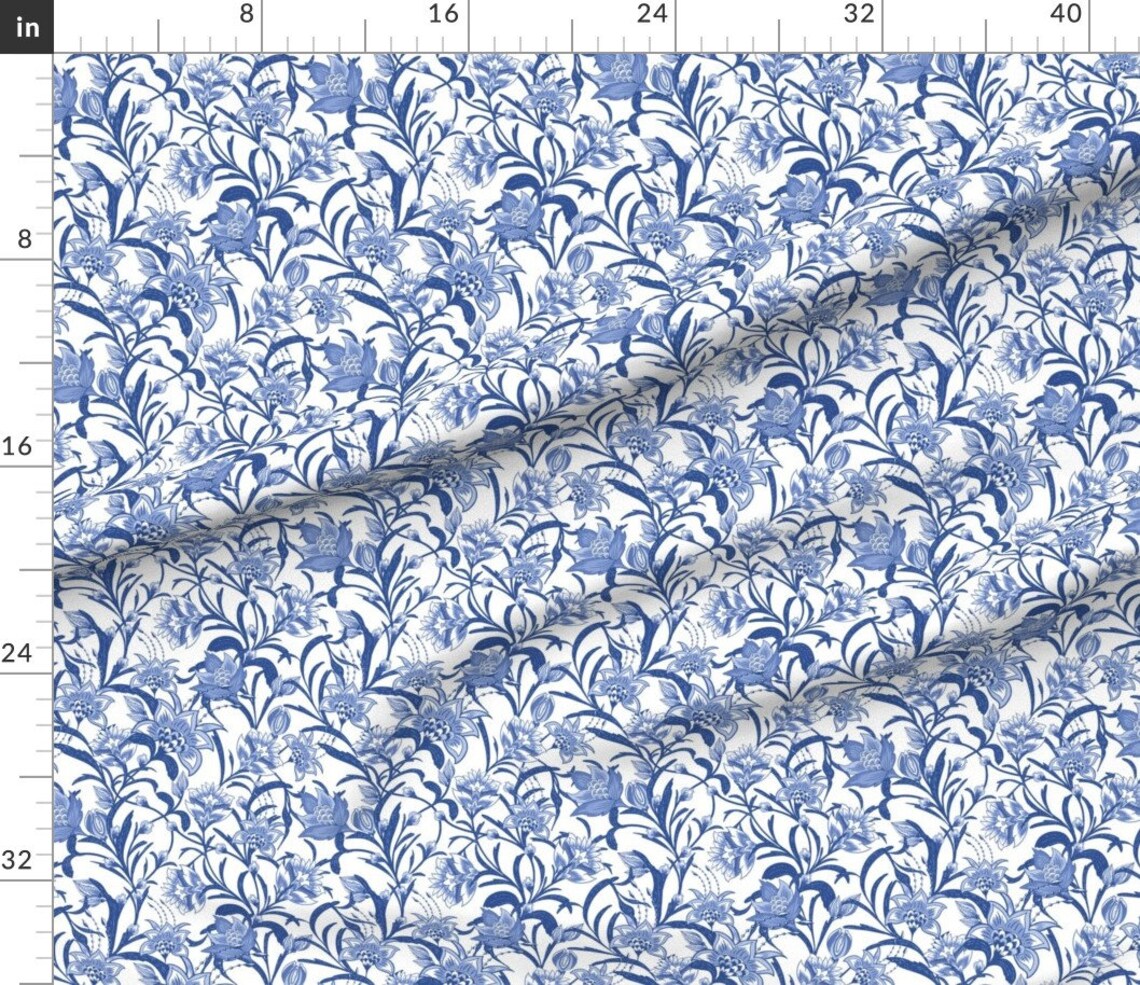 Chintz Blue Vintage Floral Illustration Fabric Chintz China | Etsy