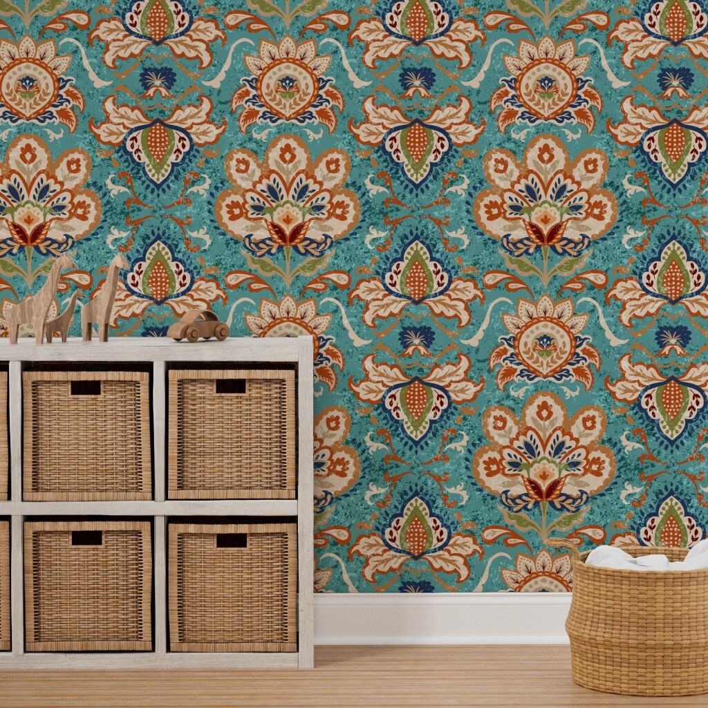 Rococo Wallpaper Vintage Anette by Oppositedge Teal Orange - Etsy