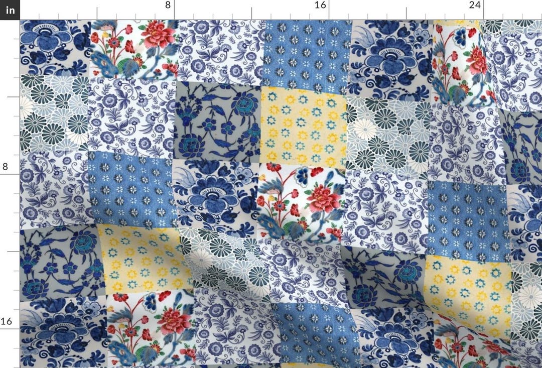 Blue Yellow Floral Cheater Quilt Fabric - Vintage Inspired - Delft ...