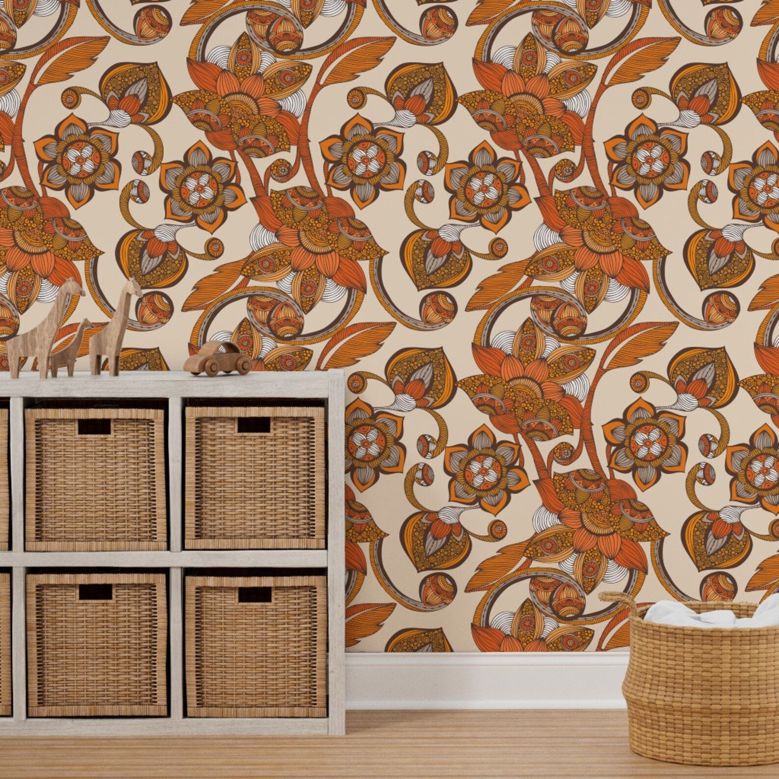 Orange Boho Floral Wallpaper Boho Orange by Valentinaharper - Etsy