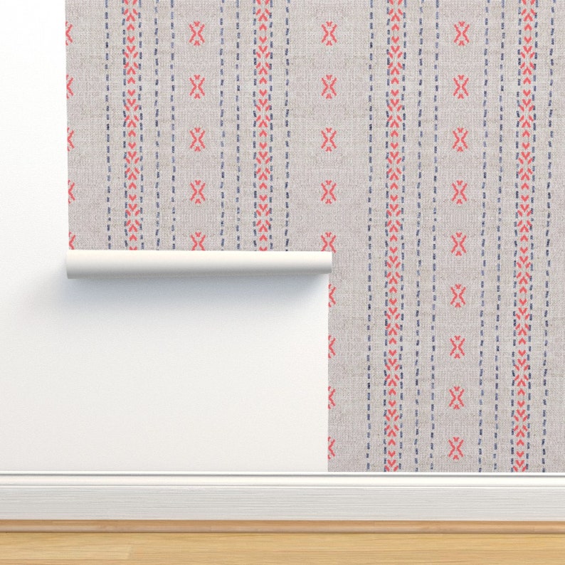 Linen Look Wallpaper Linen Boho Stripe Coral by Holli - Etsy
