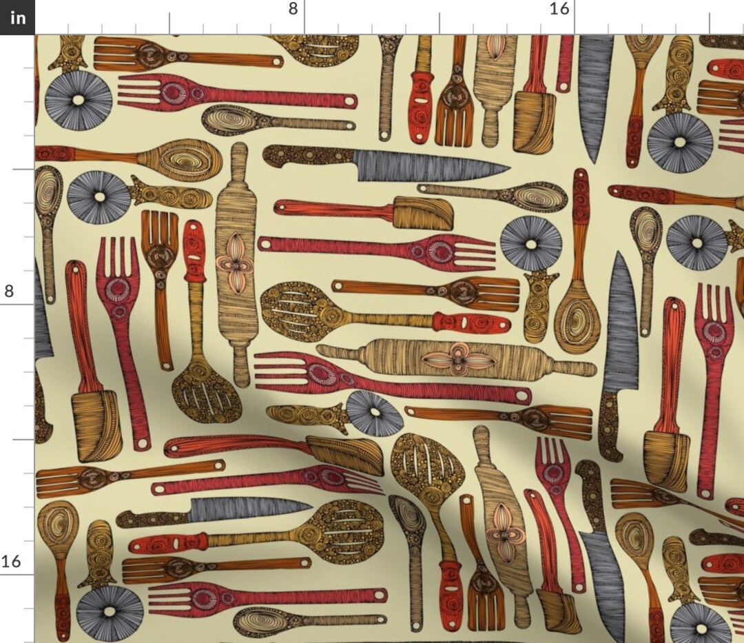 Vintage Illustrated Kitchen Utensil Fabric Lets Cook by Valentinaharper ...