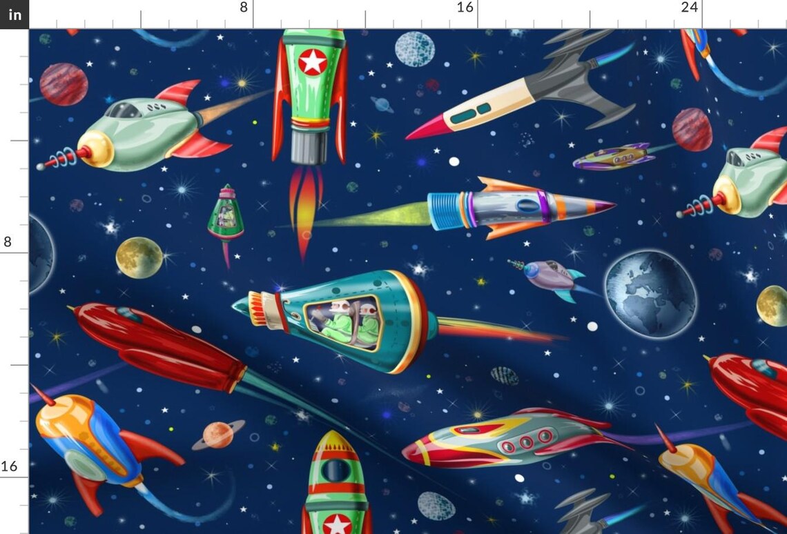 Space Fabric - Rockets Travellers by Chicca Besso - Planets Galaxy ...