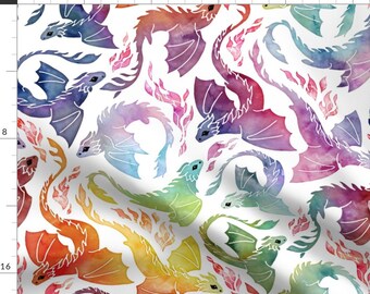 Dragon Fabric Fire Dragons in Purple and Blue Watercolors by | Etsy